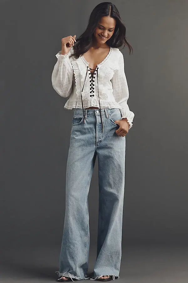 PILCRO Eyelet Ruffle Long-sleeve Blouse - Cloud Dancer