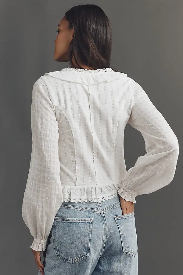 PILCRO Eyelet Ruffle Long-sleeve Blouse - Cloud Dancer
