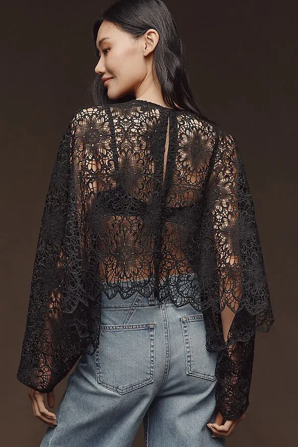 CURRENT AIR Cutwork Lace Poncho Top - Black