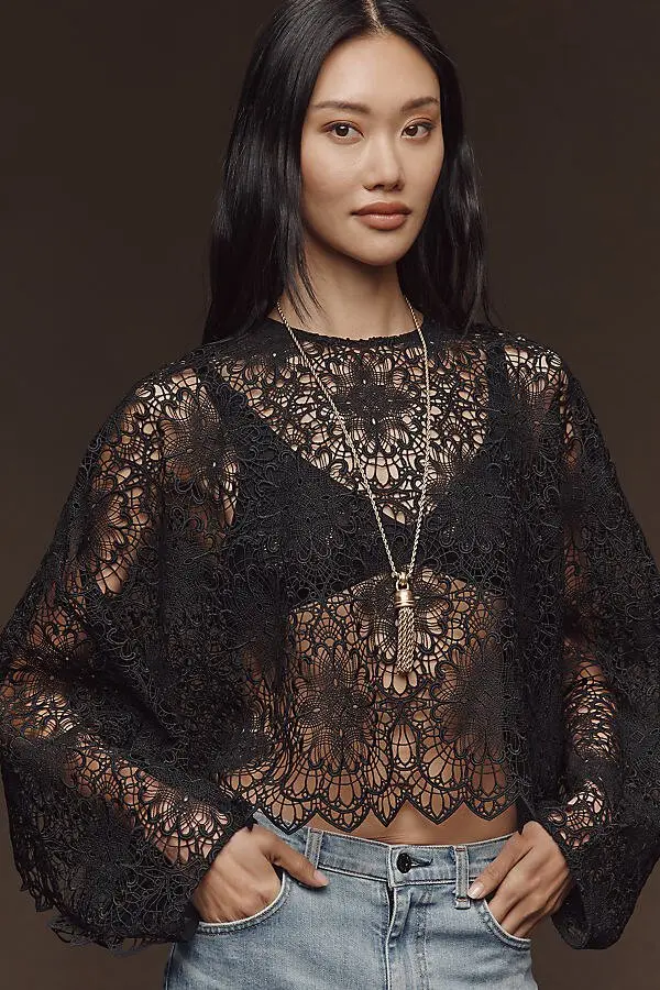CURRENT AIR Cutwork Lace Poncho Top - Black