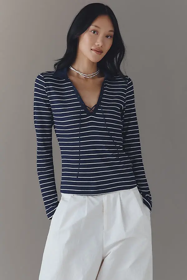 Maeve Tie-front Long-sleeve Top - Peacock/vanilla Stripe