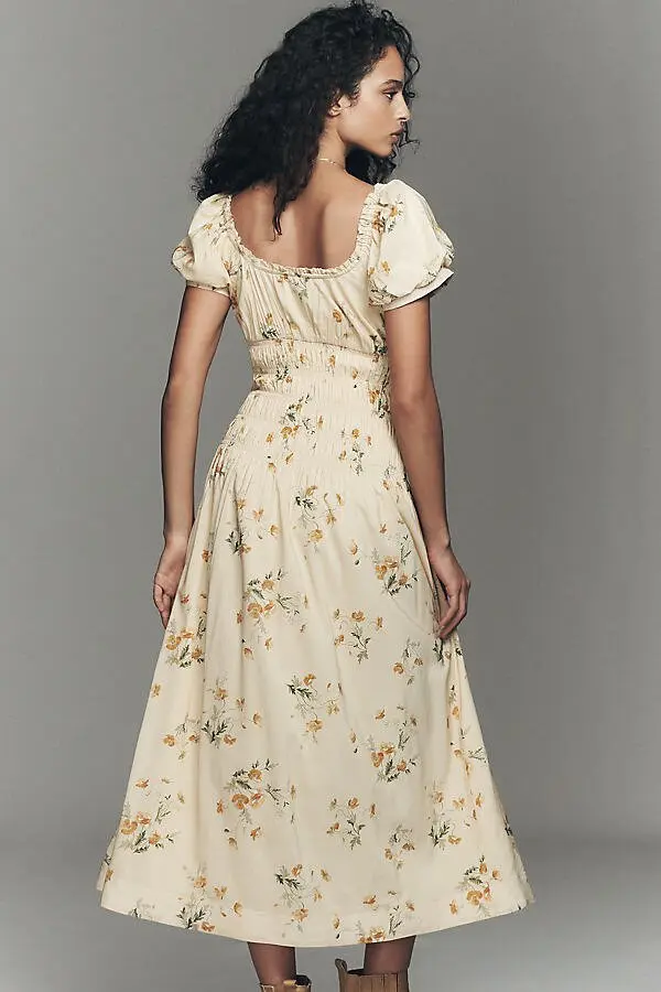 Reformation Riva Puff-Sleeve Smocked Midi Dress - Yellow Floral |  Editorialist
