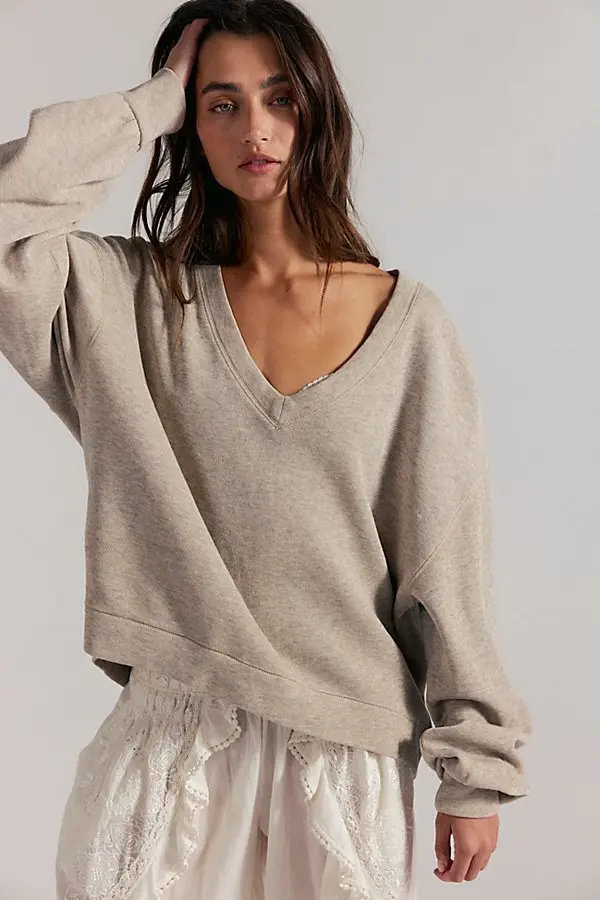 Free People We The Free Comfort Zone V-neck Pullover - Heather Grey