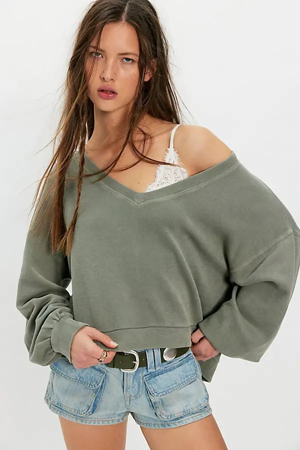 Free People We The Free Comfort Zone V-neck Pullover - Vintage Basil