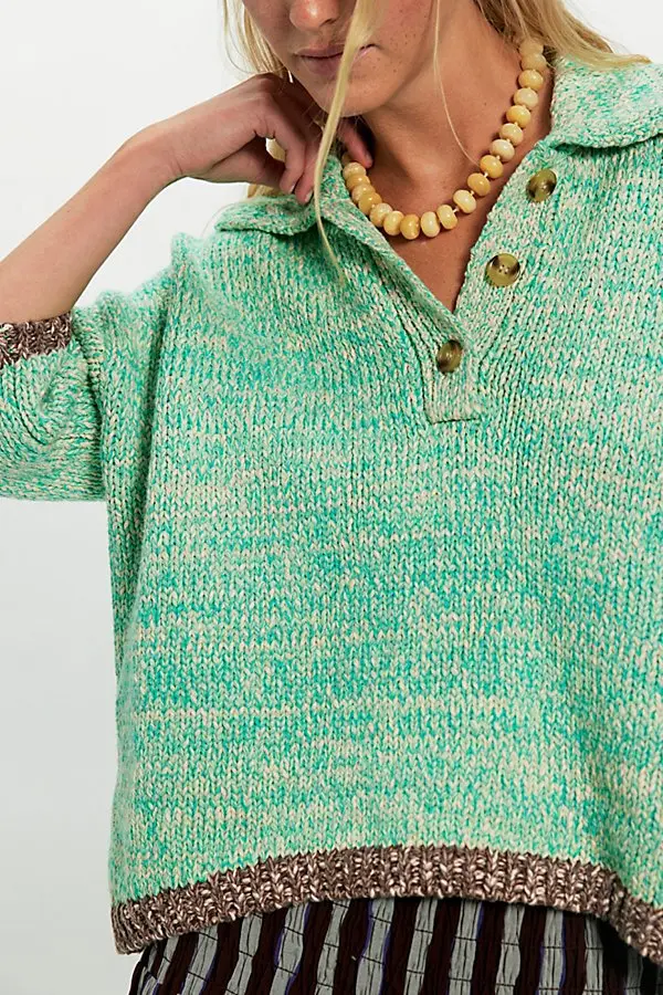Free People On The Roll Knit Polo - Mint Combo