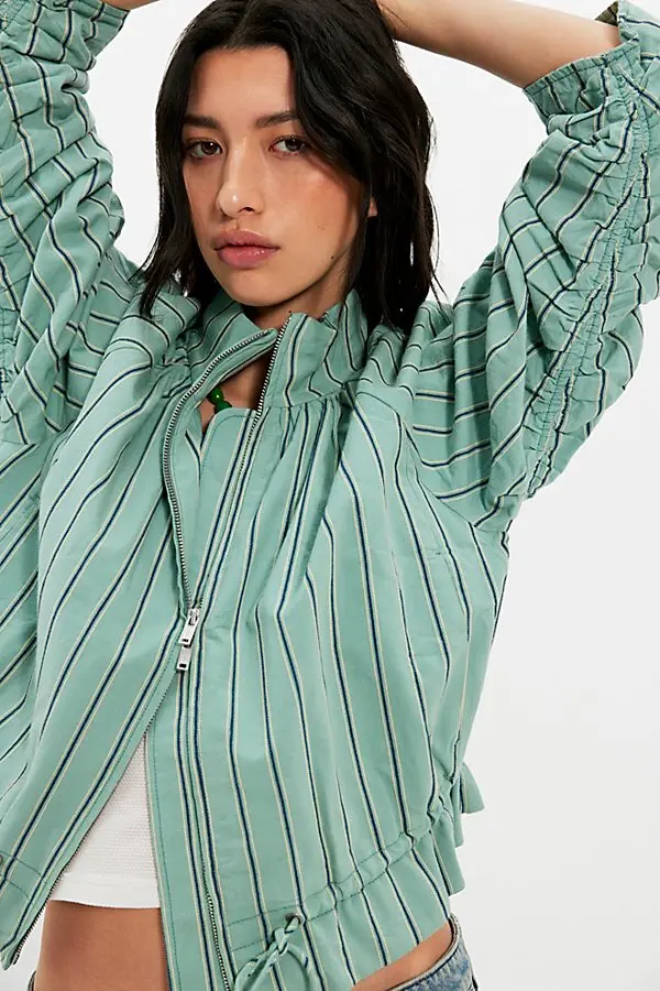 Free People Striped Balloon Jacket - Slate Combo