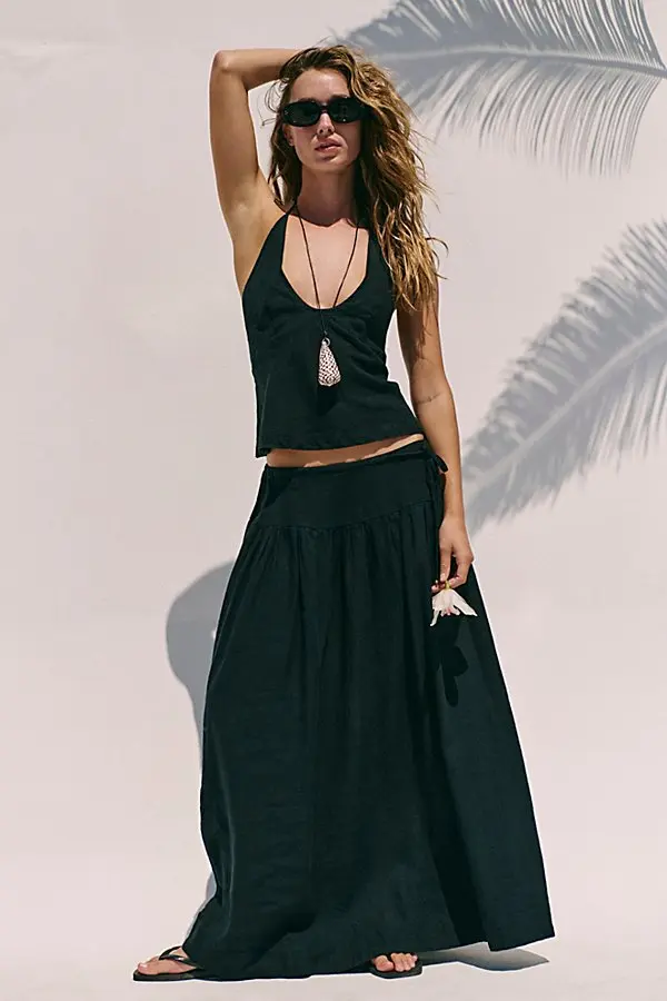 Free People Halter Neck Linen Blend Skirt Set - Black