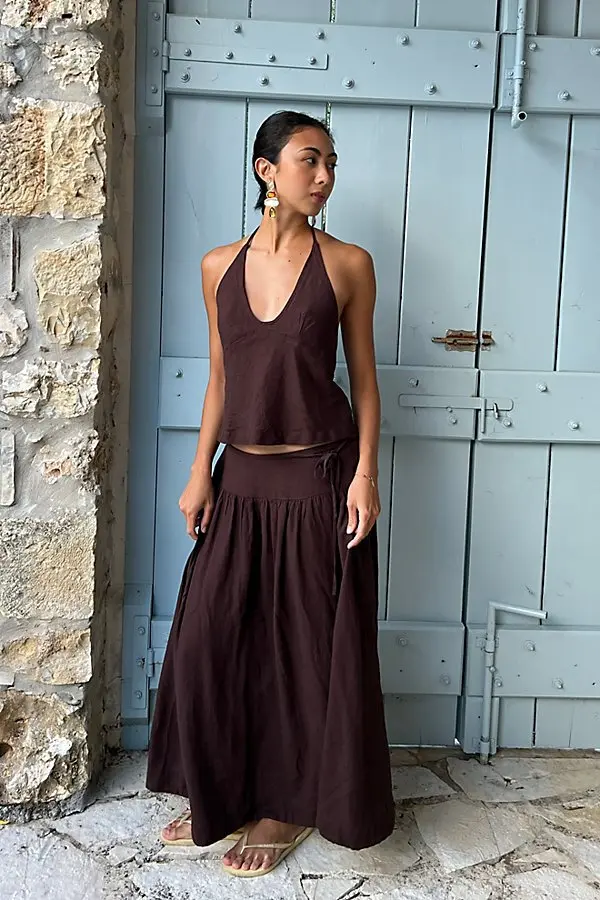 Free People Halter Neck Linen Blend Skirt Set - Fudge