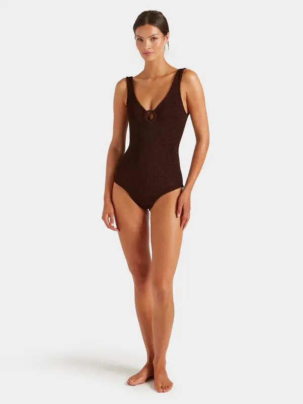 Hunza G Celine One Piece Swimsuit With Tonal Hoop Detail - Metallic Chocolate