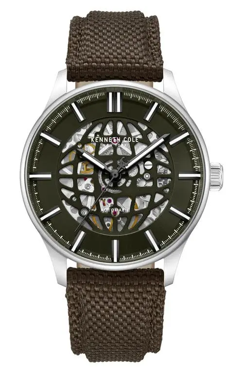 KENNETH COLE The Thompson Skeleton Automatic Nylon Strap Watch - Dark Brown