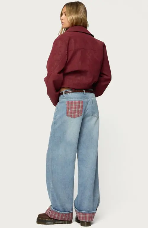 EDIKTED Plaid Cuff Baggy Jeans