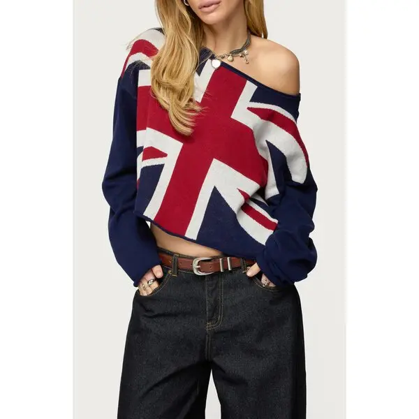 EDIKTED London Babe Off-the-shoulder Graphic Sweater