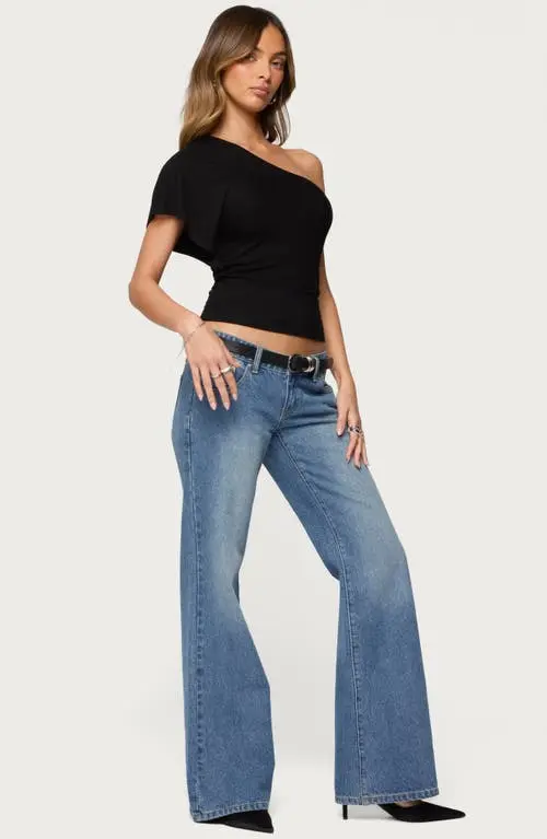 EDIKTED Ruched One-shoulder Crop Top - Black