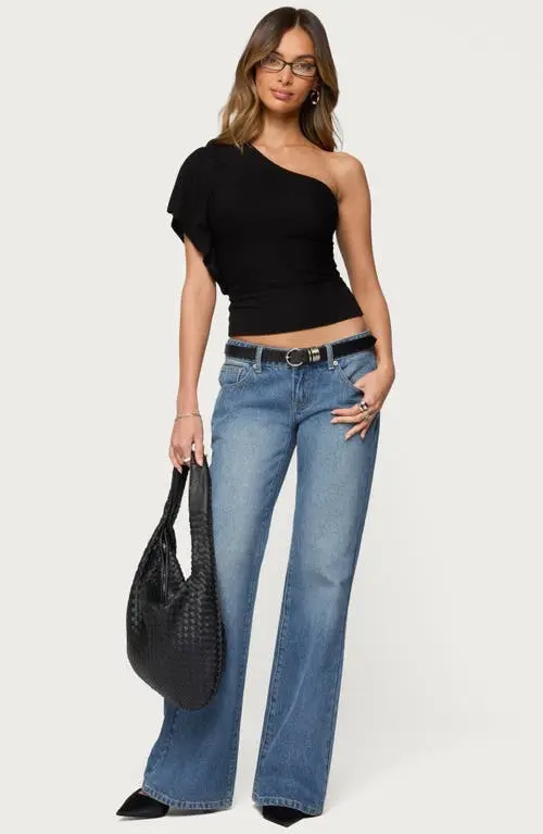 EDIKTED Ruched One-shoulder Crop Top - Black