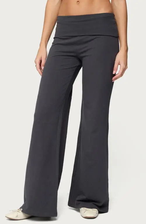 EDIKTED Wide-leg Fold-over Knit Pants - Dark-gray