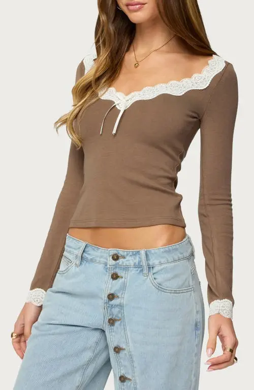 EDIKTED Contrast Lace Trim Long Sleeve Top
