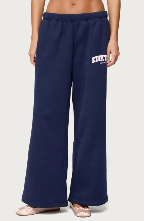 EDIKTED Wide Leg Graphic Sweatpants - Navy