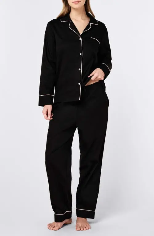 PAPINELLE Zoe Contrast Piping Cotton Sateen Pajamas - Black