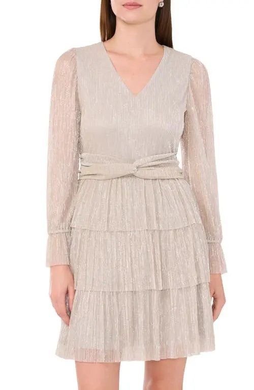 Halogen Metallic Plissé Tiered Long Sleeve Dress