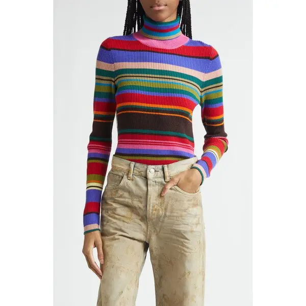 Acne Studios Stripe Rib Wool Turtleneck Sweater - Red/purple