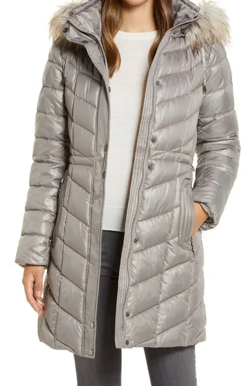 Gallery Faux Fur Trim Hooded Puffer Jacket - Granite