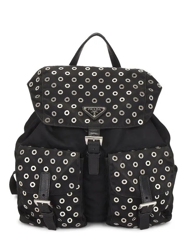 Prada Grommet Embellished Tessuto Backpack - Black