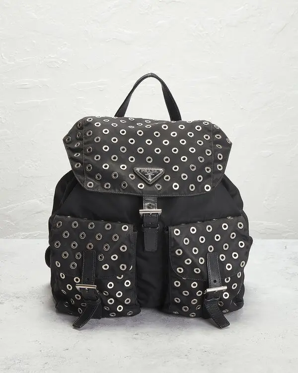 Prada Grommet Embellished Tessuto Backpack - Black