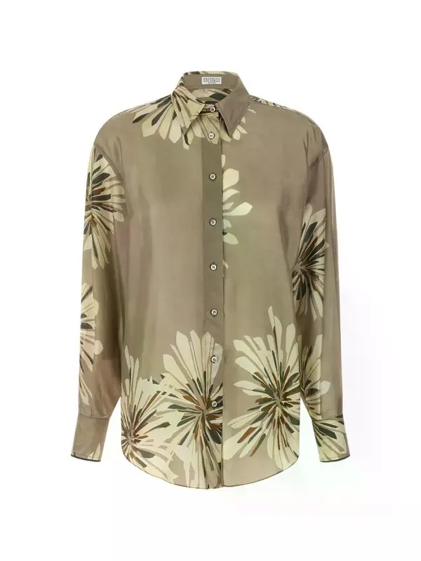 Brunello Cucinelli Floral Silk Shirt With Monili Detail - Neutrals