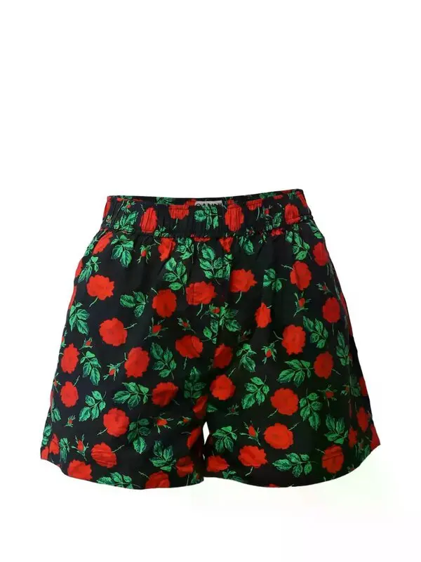 GANNI Rose-print Cotton Shorts - Black