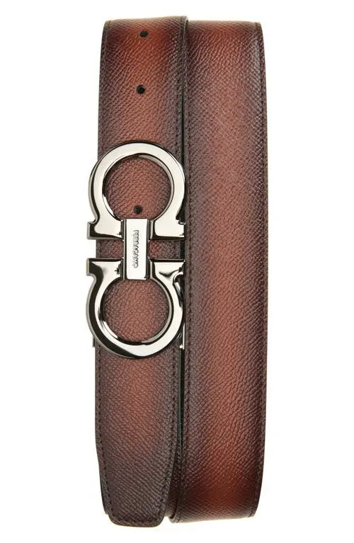 FERRAGAMO Double Gancio Reversible Leather Belt - New Cognac Nero T Moro