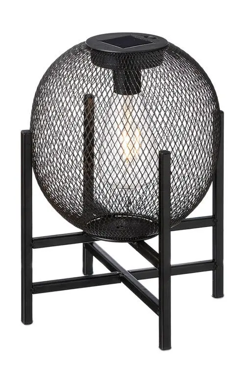 GLITZHOME Metal Mesh Edison Bulb Solar Powered Outdoor Lantern With Stand - Black