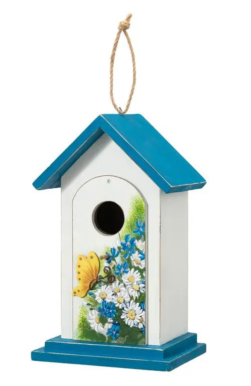 GLITZHOME 11"h Distressed Solid Wood Daisy With Butterfly Birdhouse - Blue