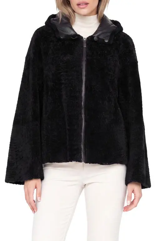 Gorski Genuine Shearling Zip Hooded Reversible Jacket - Black