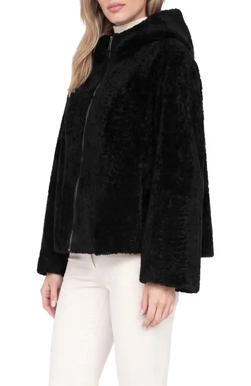 Gorski Genuine Shearling Zip Hooded Reversible Jacket - Black