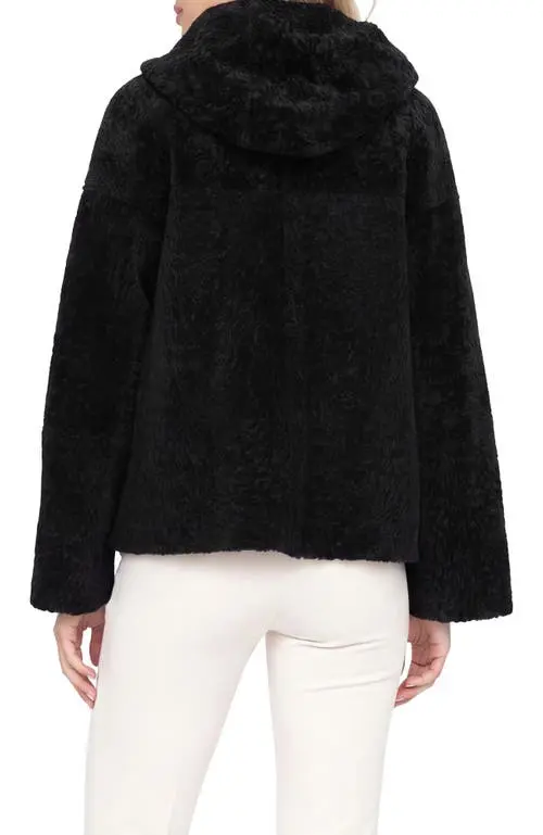 Gorski Genuine Shearling Zip Hooded Reversible Jacket - Black