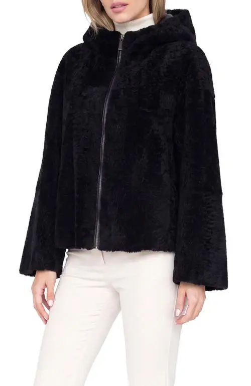 Gorski Genuine Shearling Zip Hooded Reversible Jacket - Black