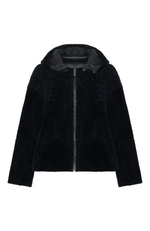 Gorski Genuine Shearling Zip Hooded Reversible Jacket - Black