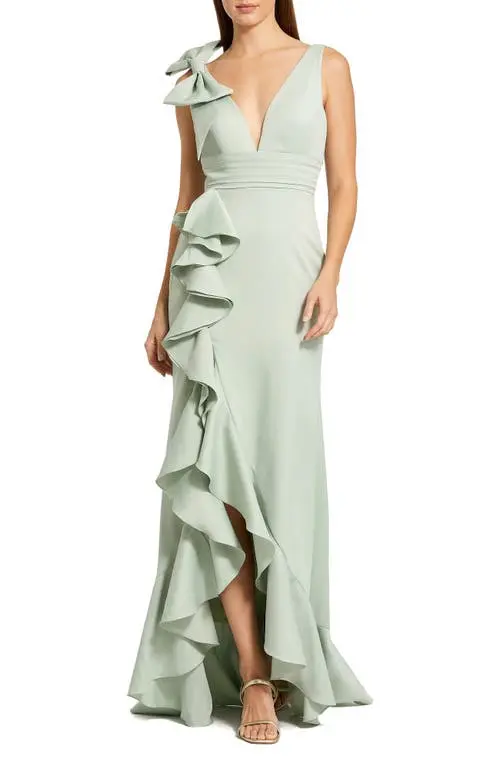 Mac Duggal Crepe Sleeveless Ruffled V-neck Gown With Bow - Sage