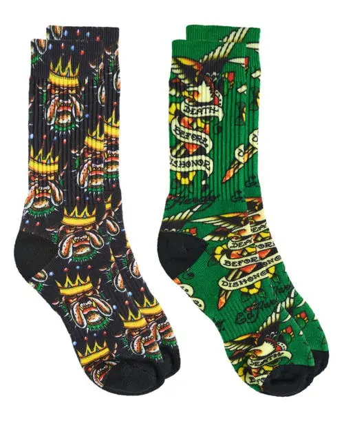 Ed Hardy Bulldog 360 Print Cushion Crew Socks 2 Pack - Green