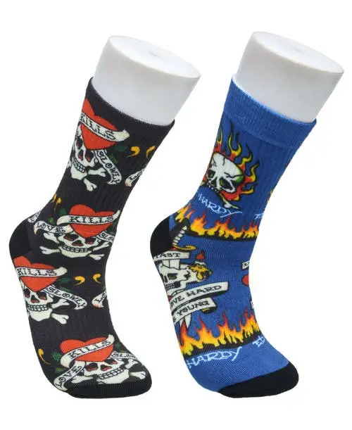 Ed Hardy Flaming Skull Print Crew Socks 2 Pack - Blue