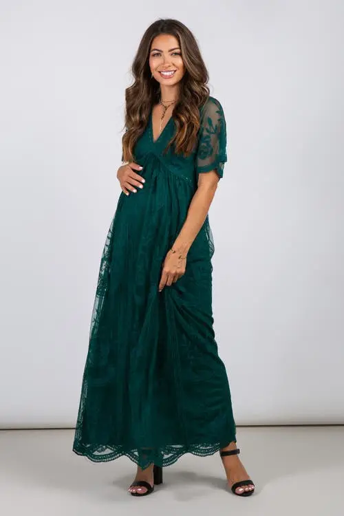PINKBLUSH Lace Mesh Overlay Maternity Maxi Dress - Forest Green