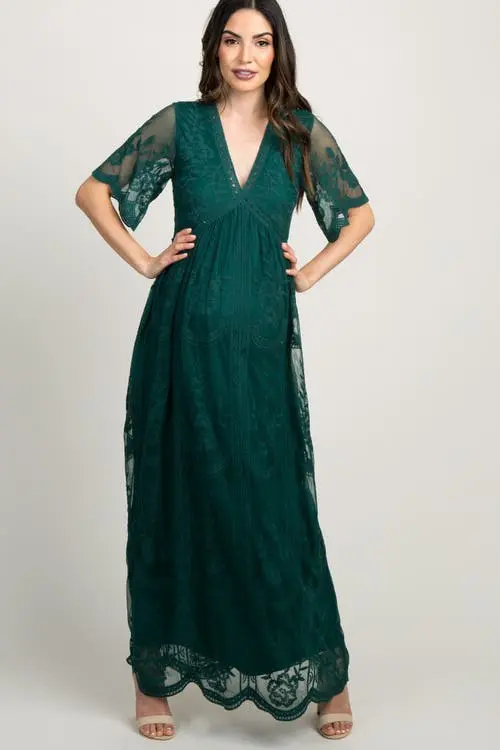 PINKBLUSH Lace Mesh Overlay Maternity Maxi Dress - Forest Green