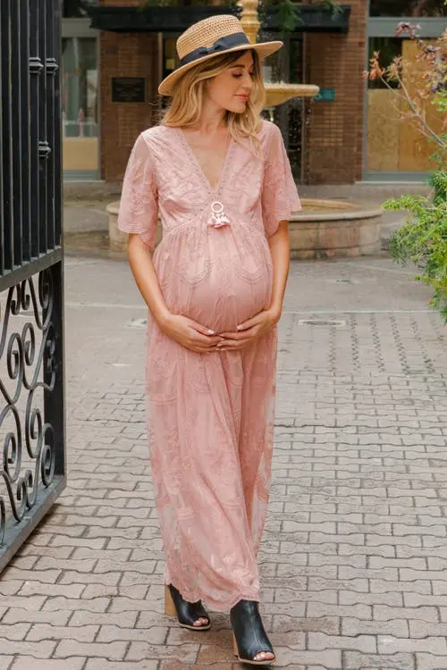 PINKBLUSH Lace Mesh Overlay Maternity Maxi Dress