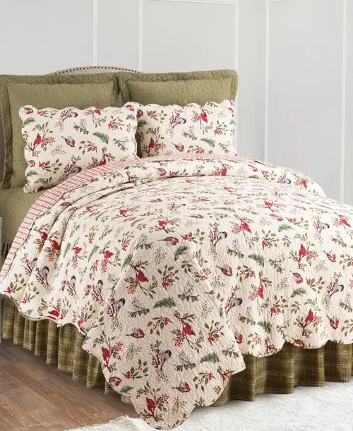 C&F HOME Sprig Birds Cardinal Christmas Cotton Quilt Set Reversible And Machine Washable