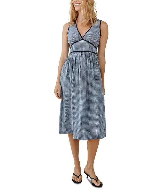 Bella Dahl Fit & Flare V Neck Midi Dress - Navy Micro Gingham