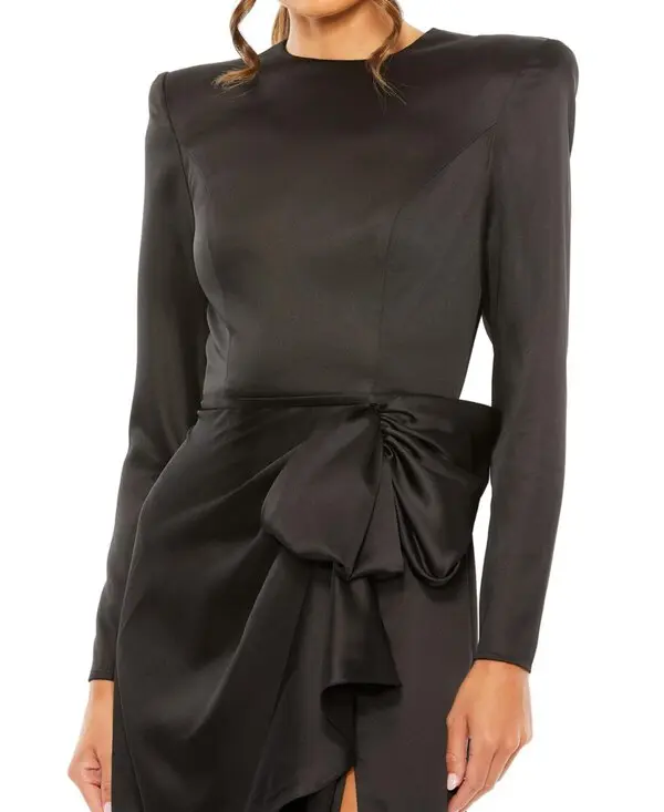 Mac Duggal Petite Long Sleeve Satin Draped Gown With Bow Detail - Black