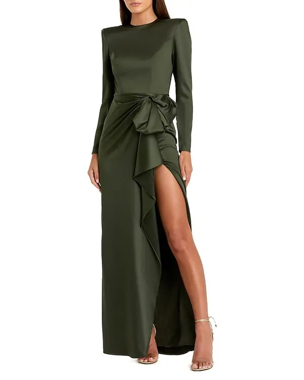 Mac Duggal Petite Long Sleeve Satin Draped Gown With Bow Detail - Olive