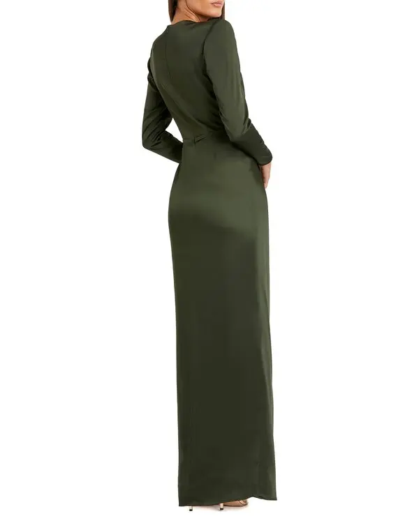 Mac Duggal Petite Long Sleeve Satin Draped Gown With Bow Detail - Olive