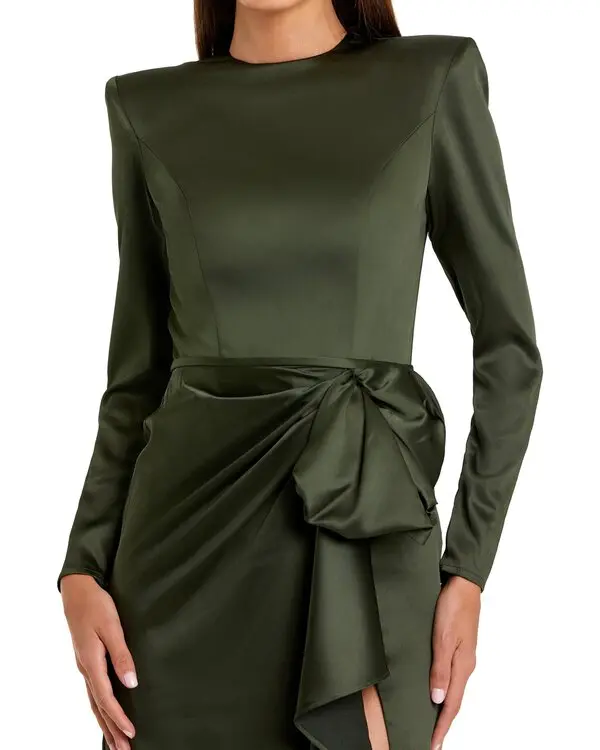 Mac Duggal Petite Long Sleeve Satin Draped Gown With Bow Detail - Olive