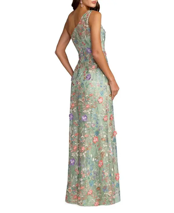 Mac Duggal Petite One-shoulder Floral Embroidered Gown - Sage Multi